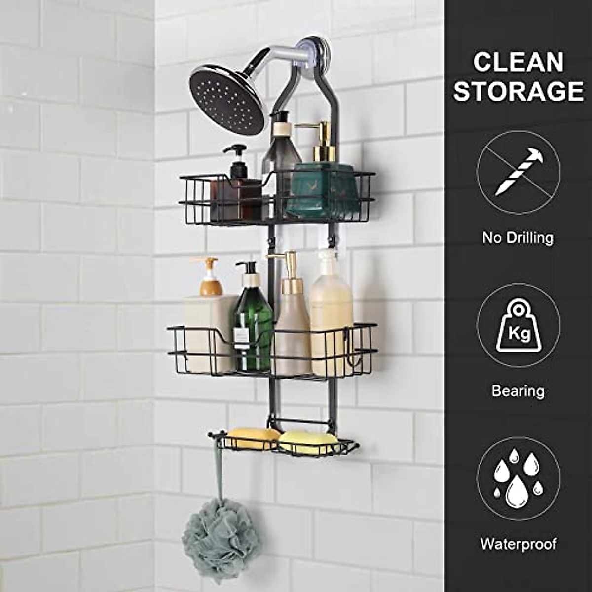 Tuenort Hanging Shower Organizer for Bathroom, Over Head Shower Caddy Basket with Hooks, 3 Layers Bathroom Storage Rack Shelf Over Shower Head, Soap Holderr, Rustproof & Durable - Black