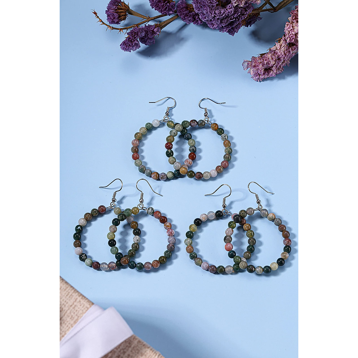 Jovivi Crystal Dangle Earrings for Women Natural Indian Agate Round Gemstone Healing Crystal Stone Beads Earrings Hoop Dangle