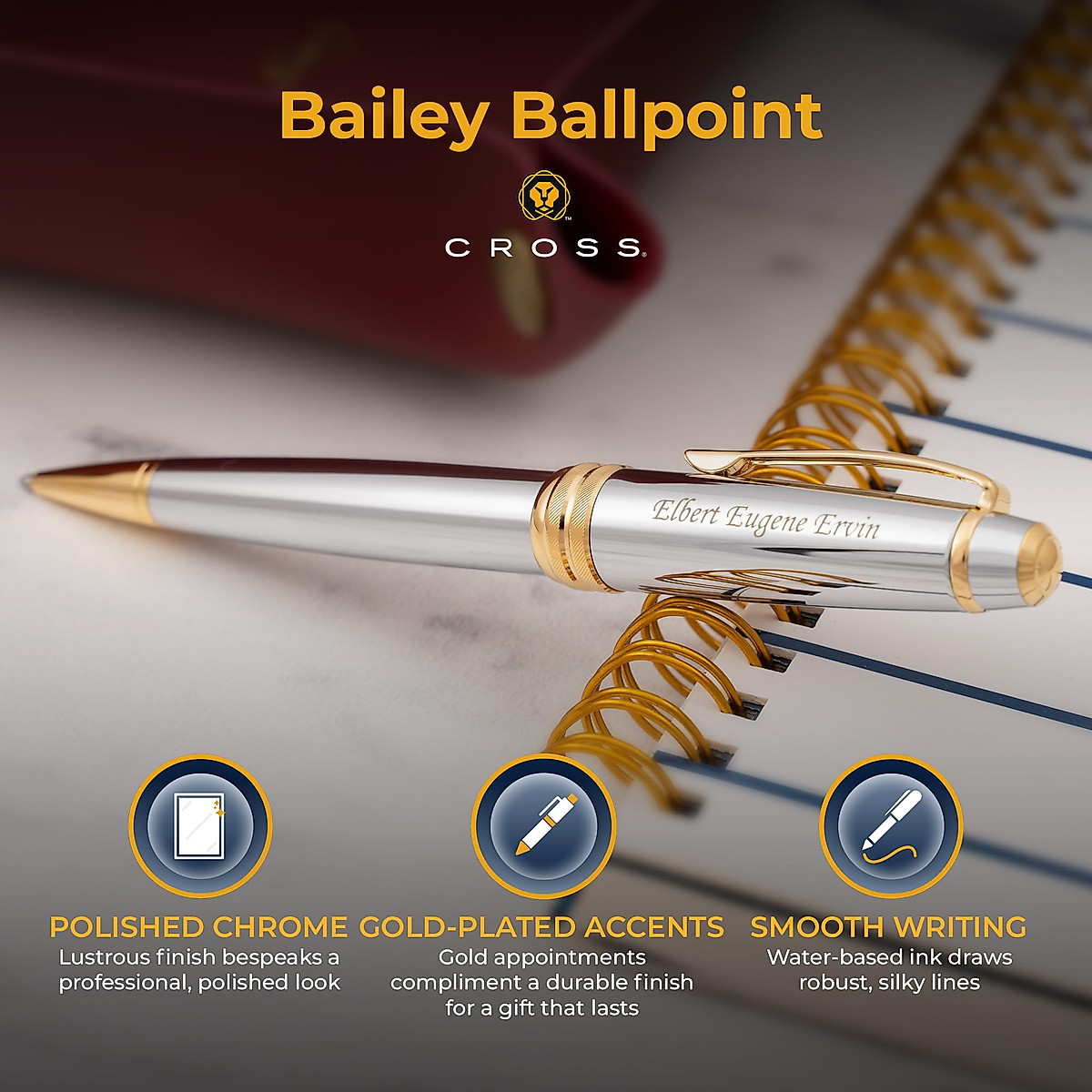 Dayspring Pens Engraved Cross Pen | Personalized Cross Bailey Medalist Ballpoint Gift Pen - Chrome With Gold Trim, Custom Engraved Executive Gift.