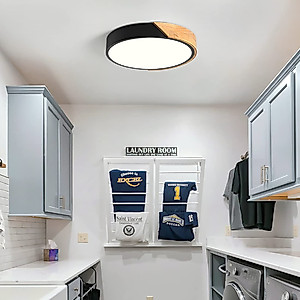 Vikaey Modern LED Ceiling Light, Minimalist Wood Flush Mount Ceiling Light Fixture, 4000K Not Dimmable, Circle Lighting Lamp with Acrylic Lampshade for Bedroom Laundry Room Hallway (Black,11.8")