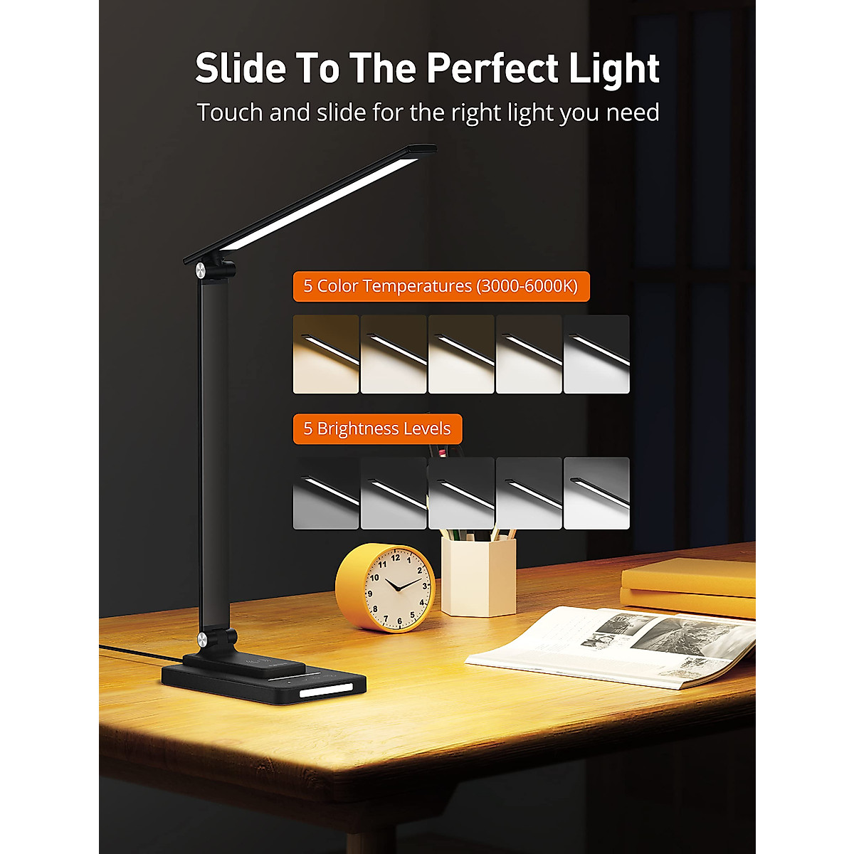 sympa LED Desk Lamp, Desk Lamp with Wireless Charger, Dimmable Desk Light with 25 Light Modes, Study Lamp with Night Light, 60 Min Timer, 5S Delay, for Home Office