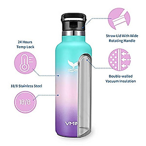 Vmini Water Bottle - Standard Mouth Stainless Steel & Vacuum Insulated Bottle, New Straw Lid with Wide Handle, Gradient Mint+Pink+Purple & 22 oz