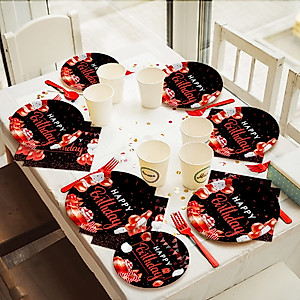 200Pcs Red and Black Birthday Party Tableware Set Confetti Sprinkles Happy Birthday Supplies Red and Black Paper Plates and Napkins Forks for Man and Woman Birthday Party Decorations for 50 Guests