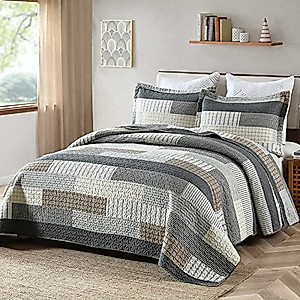 Finlonte Quilt Queen Size 100% Cotton Queen Size Quilts Grey Black Brown Bedspreads Plaid Quilts Lightweight Soft Breathable Bedding Sets for All Season, 3 Piece