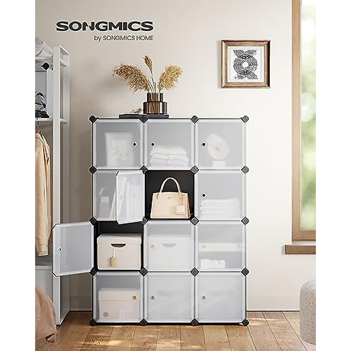 SONGMICS Cube Storage with Door, Set of 12 Plastic Cubes, Closet Storage Shelves, DIY Plastic Closet Cabinet, Modular Bookcase, Shelving with Doors for Bedroom, Living Room, Black and White ULPC34HV1