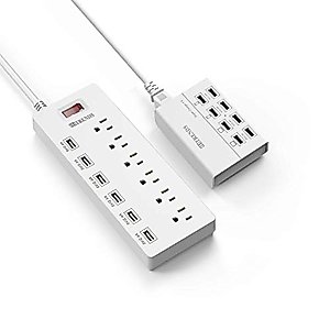 HITRENDS Power Strip Surge Protector 6 Outlets with 6 USB Ports & 8 Ports USB Charging Station - White