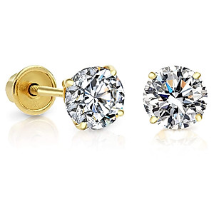 14k Yellow Gold Small Cubic Zirconia Solitaire CZ Stud Earrings with Screw Backs (3mm)