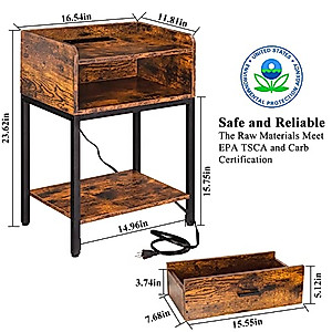 Lerliuo Nightstand with Charging Station and USB Ports, 3-Tier End Side Table with Storage Drawer and Shelf, Modern Bedside Night Stand for Bedroom, Living Room- Retro Brown