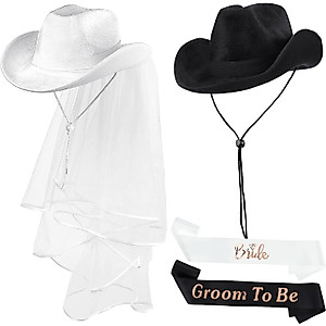 SATINIOR 2 Pieces Bride Cowgirl Hat with Veil, Groom and Bride Hats, 2 Pieces Bride and Groom to Be Sash Bachelorette Party Supplies for Women Men Wedding Bridal Shower Decoration