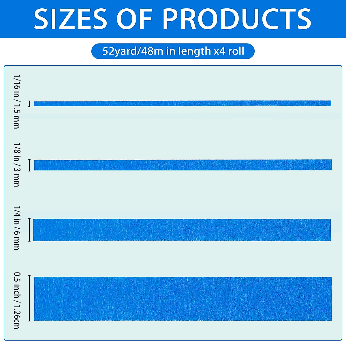 QDiShi 4 Rolls Fine Line Tape(Blue), Fineline Masking Tape in 1/16, 1/8, 1/4 and 1/2 Inch Wide x 52 Yard Long, Automotive Masking Tape for DIY Car Auto Paint Art