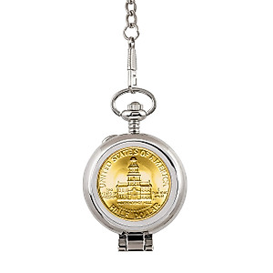Coin Pocket Watch with Skeleton Quartz Movement | Gold Layered JFK Bicentennial Half Dollar | Genuine U.S. Coin | Sweeping Second Hand, Roman Numerals | Silvertone Case | Certificate of Authenticity