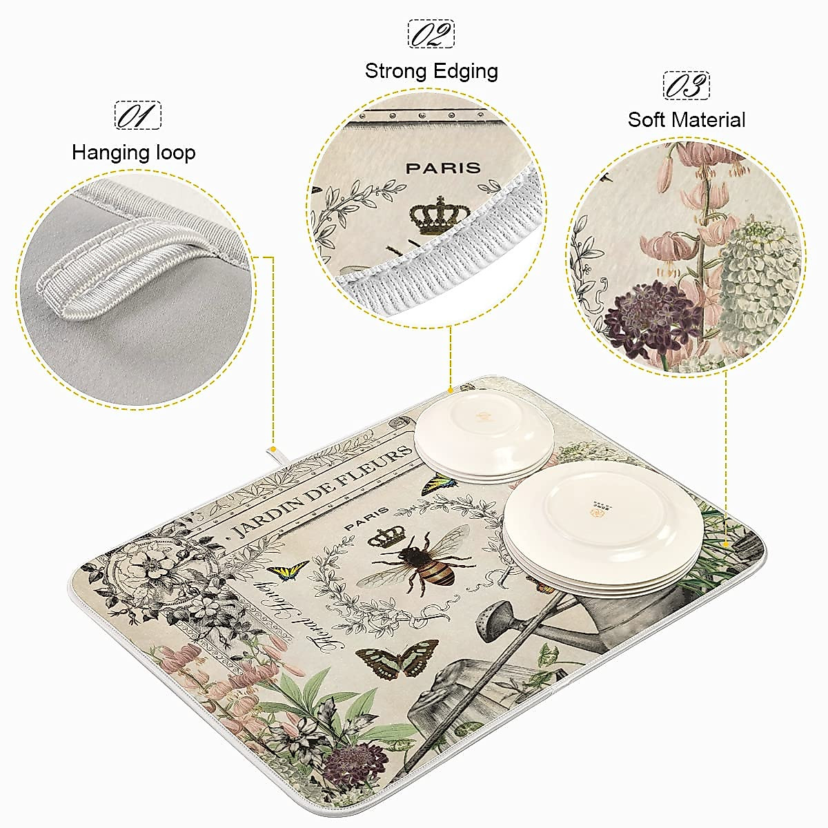 Vintage Bee Garden Dish Drying Mats for Kitchen Counter Reversible Absorbent Polyester Material Large Kitchen Microfiber Mat 18 x 24 Inch