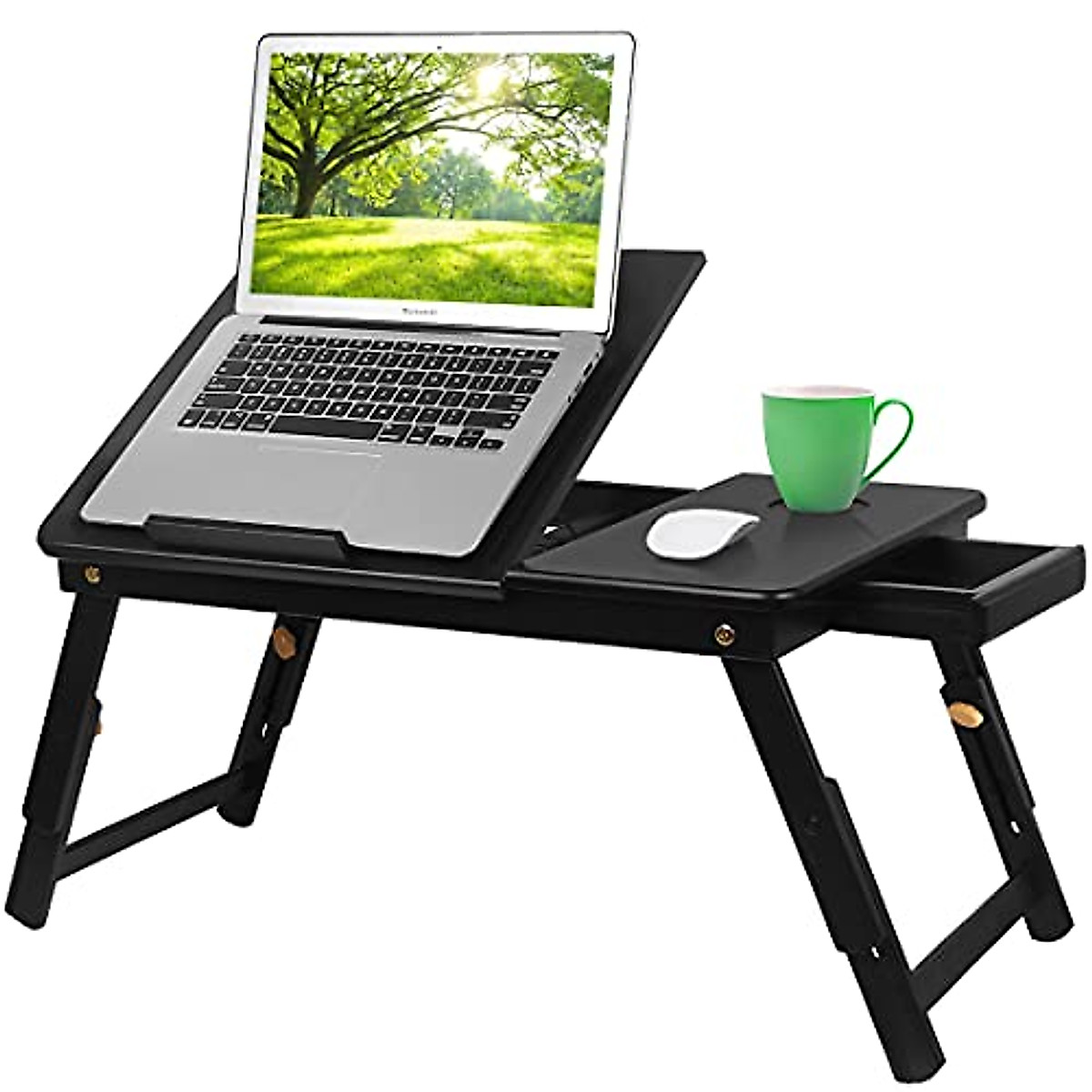 Bamboo Laptop Desk,Serving Bed Tray Breakfast Table with Folding Legs,Multifunctional Table with Cup Holder,Floor Desk Notebook Stand with Tilting Top Storage Drawer,Black (Black)