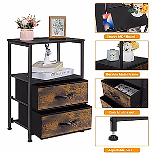 Vrisa Nightstand with Charging Station Black Bedside Table Fabric Drawers End Table with Open Shelf Night Stand with USB Port and AC Outlet for Bedroom