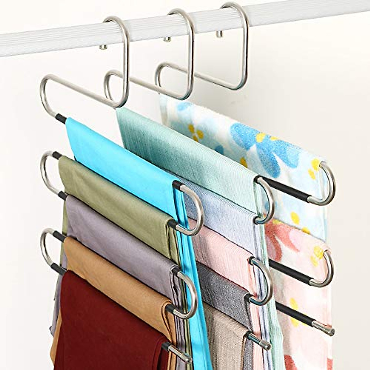 HuaQi S Shape Clothes Trousers Hangers Non Slip Closet Storage Organizer Multi Space Saving Hanger for Pants Jeans Belt Tie Scarf Legging (3-Pieces)