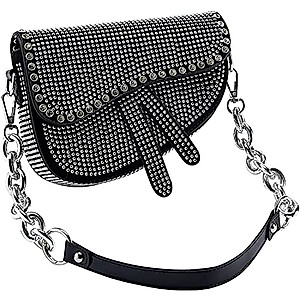 Rhinestone Saddle Bag for Women Rhinestone Crossbody Evening Bag,Clutch Bag Rhinestone Handbag Leather Crossbody Shoulder Purse (Silver)
