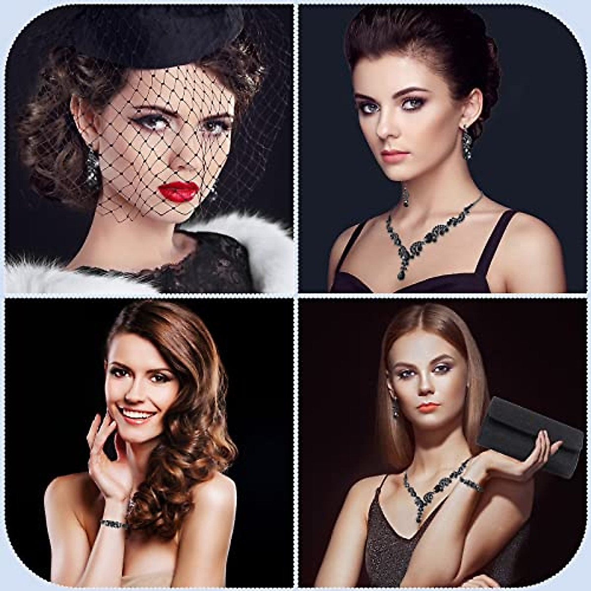 Tiamon 5 Pcs Rhinestone Jewelry Sets Silver Shawls and Wraps Formal Clutch Purses for Women Evening Dresses Bridal Weddings (Black, Glitter)