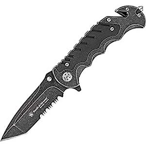 Smith & Wesson Border Guard SWBG10S 8.3in High Carbon S.S. Folding Knife with 3.5in Serrated Tanto Blade and Aluminum Handle for Outdoor, Tactical, Survival and EDC ,Black