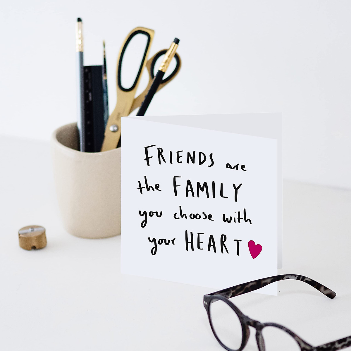 Old English Co. Friends are Family Card - Heartfelt Hand-lettered Friendship Card for Special Person | BFF Birthday card For Men and Women | Blank Inside & Envelope Included