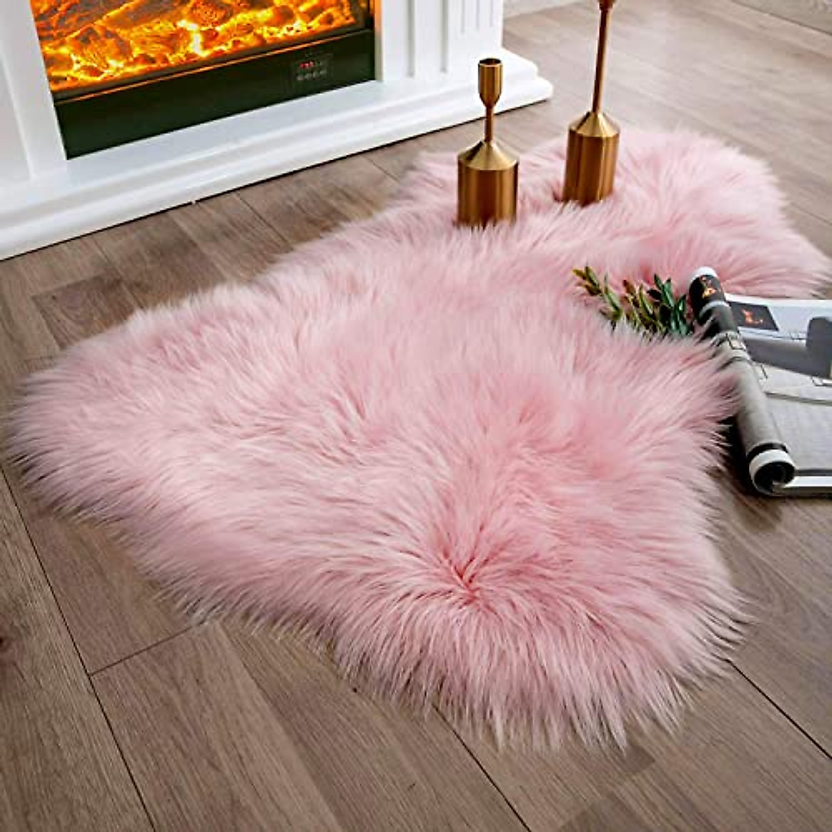 Ashler Home Deco Soft Faux Sheepskin Fur Rug Pink Fluffy Area Rug & Throw Pillow Covers with Pom