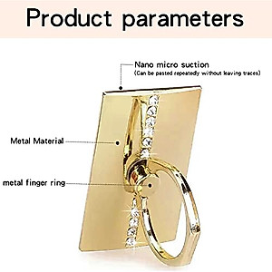 Cavdycidy Cell Phone Ring Holder Stand Rectangular Metal Finger Grip Crystal Stone， 360° Rotation Universal Stand Anti Drop Compatible with All Smartphones 2 Pack (Gold and Silver)