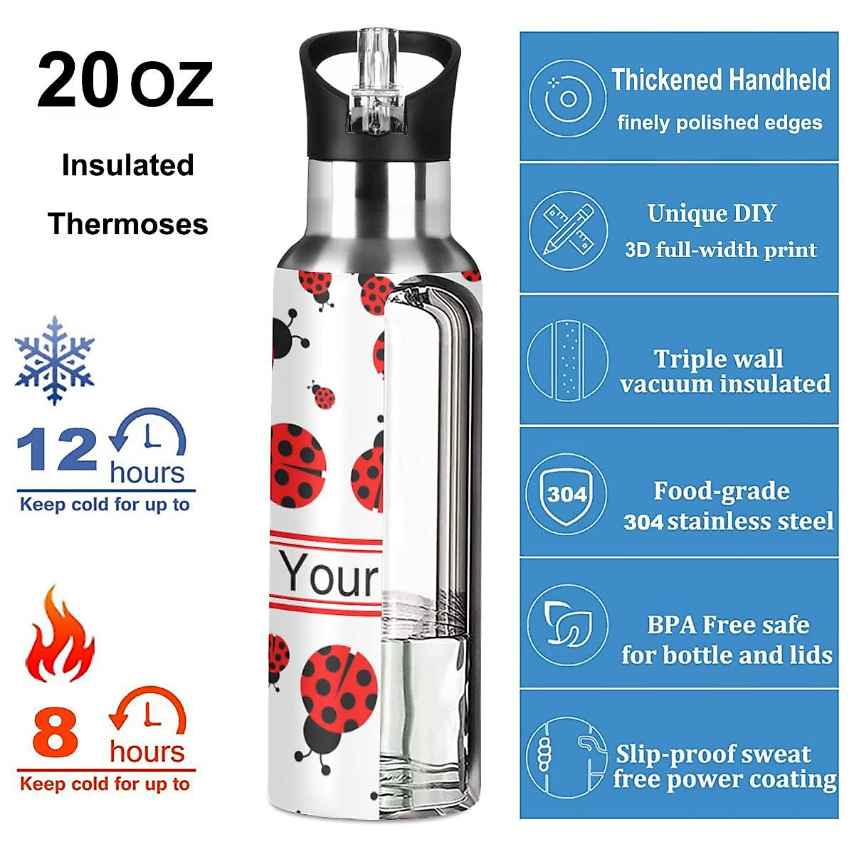 ZOEO Custom Water Bottle with Straw, Ladybug Childish Lid Thermos Kids Insulated Stainless Steel Water Flask Sports, 20 Oz Hot Cold