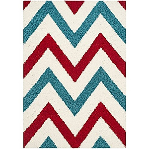 SAFAVIEH Kids Shag Collection Accent Rug - 3' x 5', Ivory & Red, Chevron Design, Non-Shedding & Easy Care, 2-inch Thick Ideal for High Traffic Areas in Entryway, Living Room, Bedroom (SGK564B)