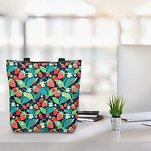 Mularoka Strawberries Bright Red Canvas Aesthetic Tote Bag for Women Book Bag Berries Shopping Bags Shoulder Bag Reusable Grocery Bags