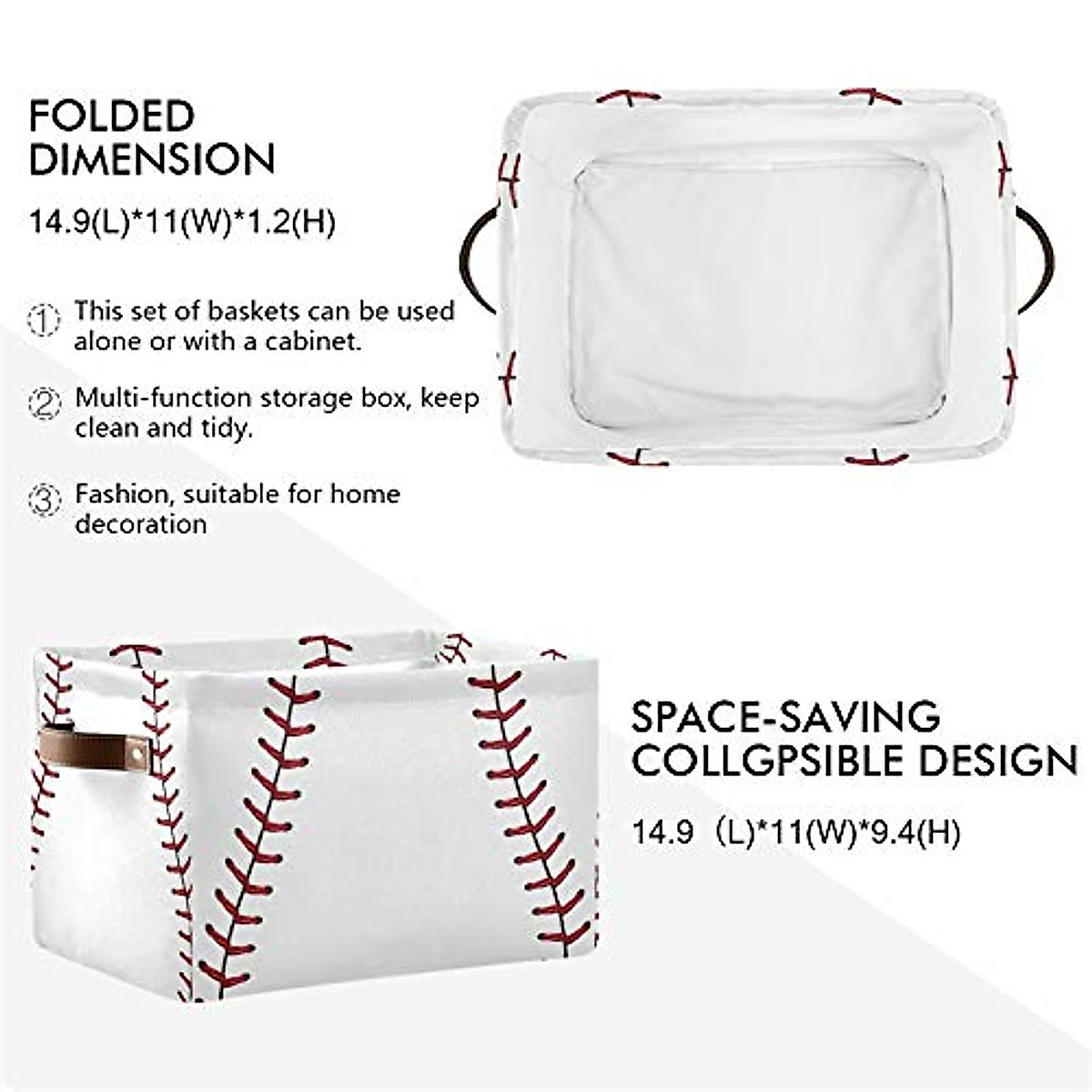 Baseball Lace Sport Foldable Storage Basket, Large Collapsible Organizer Storage Bin Cube Toys Storage Boxes with Handles for Bathroom Kids Nursery Closet Storage, 1 Pack