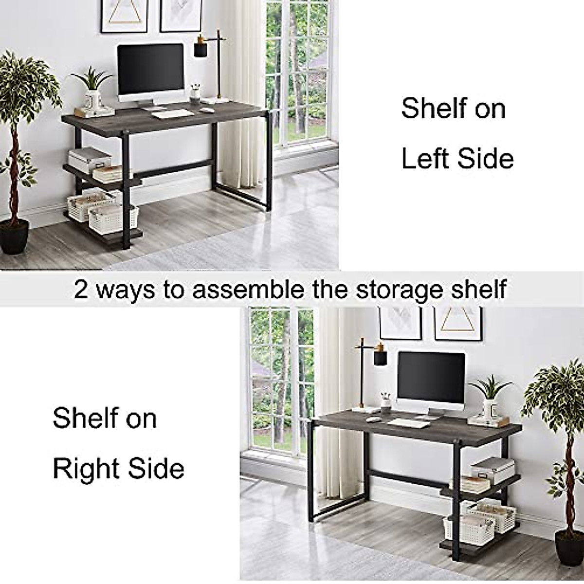 EXCEFUR Computer Desk with Shelves, 55 inch Industrial Work Desk for Home Office, Rustic Wood and Metal Study Writing Table, Grey