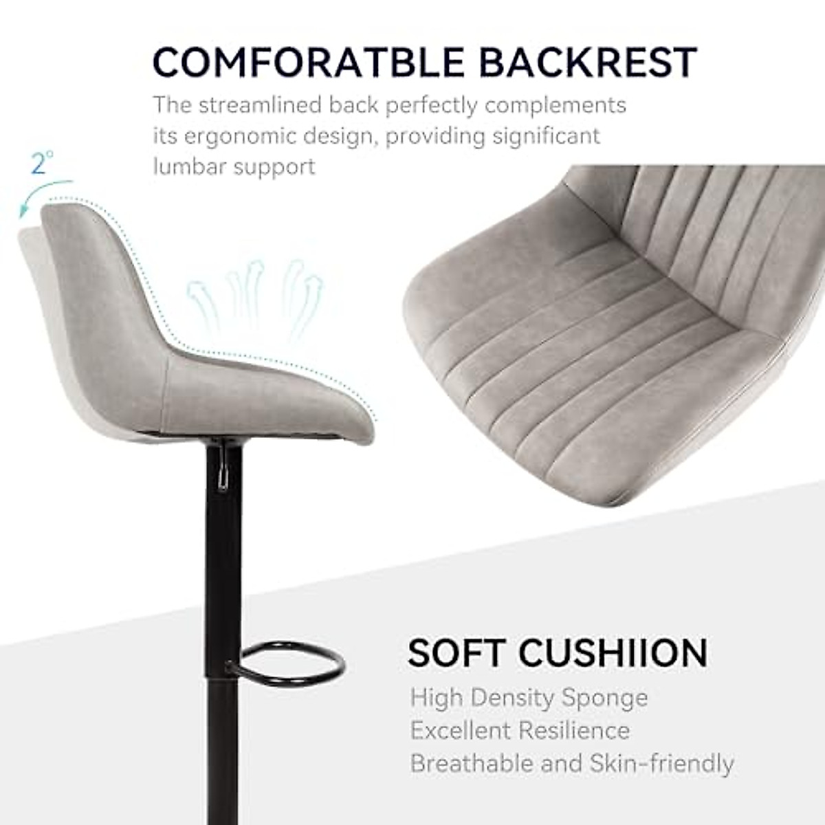 Nalupatio Bar Stools Set of 2, Adjustable Modern Swivel Bar Stools with Backs, Counter Height Performance Fabric Island Chairs for Home Kitchen, Light Grey