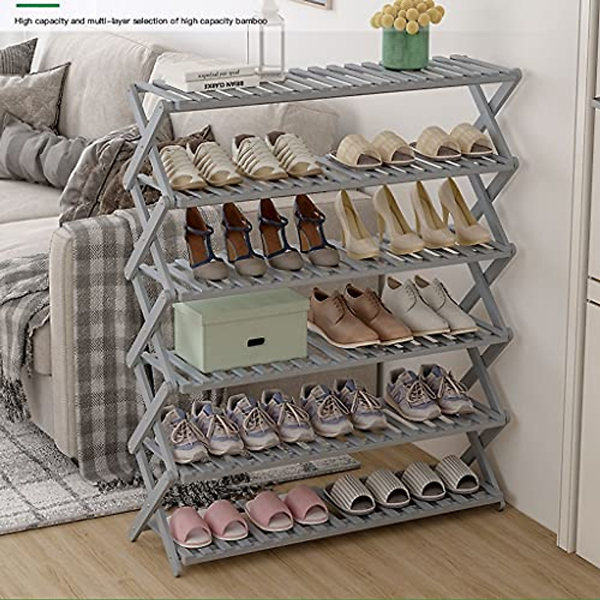 6-Tier Foldable Bamboo Shoe Organizer Rack, Bamboo Stackable Shoe Shelf Storage Organizer, Shoe Rack Household Shelves Multifunctional Storage Free Standing Shoe Shelf Grey