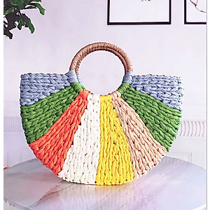 QZUnique Straw Handbags Rainbow Stitching Top Handle Tote Women's Summer Beach Natural Casual Satchel Shoulder Bag