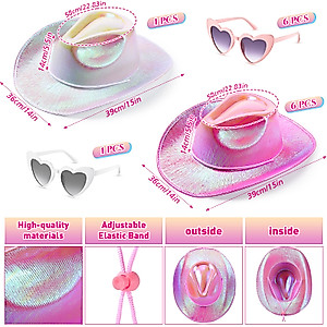 Leumoi 14 Pcs Holographic Bridal Cowgirl Party Set Heart Glasses Bride Cowboy Hats for Bachelorette Party Wedding (White, Pink)