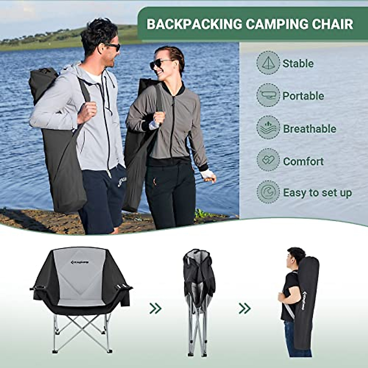 KingCamp Oversize Camping Folding Padded Seat with Cooler Bag and Armrest Cup Holder, Black&Dark Gray, Sofa Chair - Black