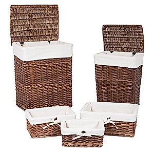 BIRDROCK HOME Woven Willow Baskets with Liner for Storage and Laundry - Set of 5 - Rectangular Hamper Bins with Lids - Decorative Wooden Wicker Basket for Organizing Blankets - Baby Organizer - Brown