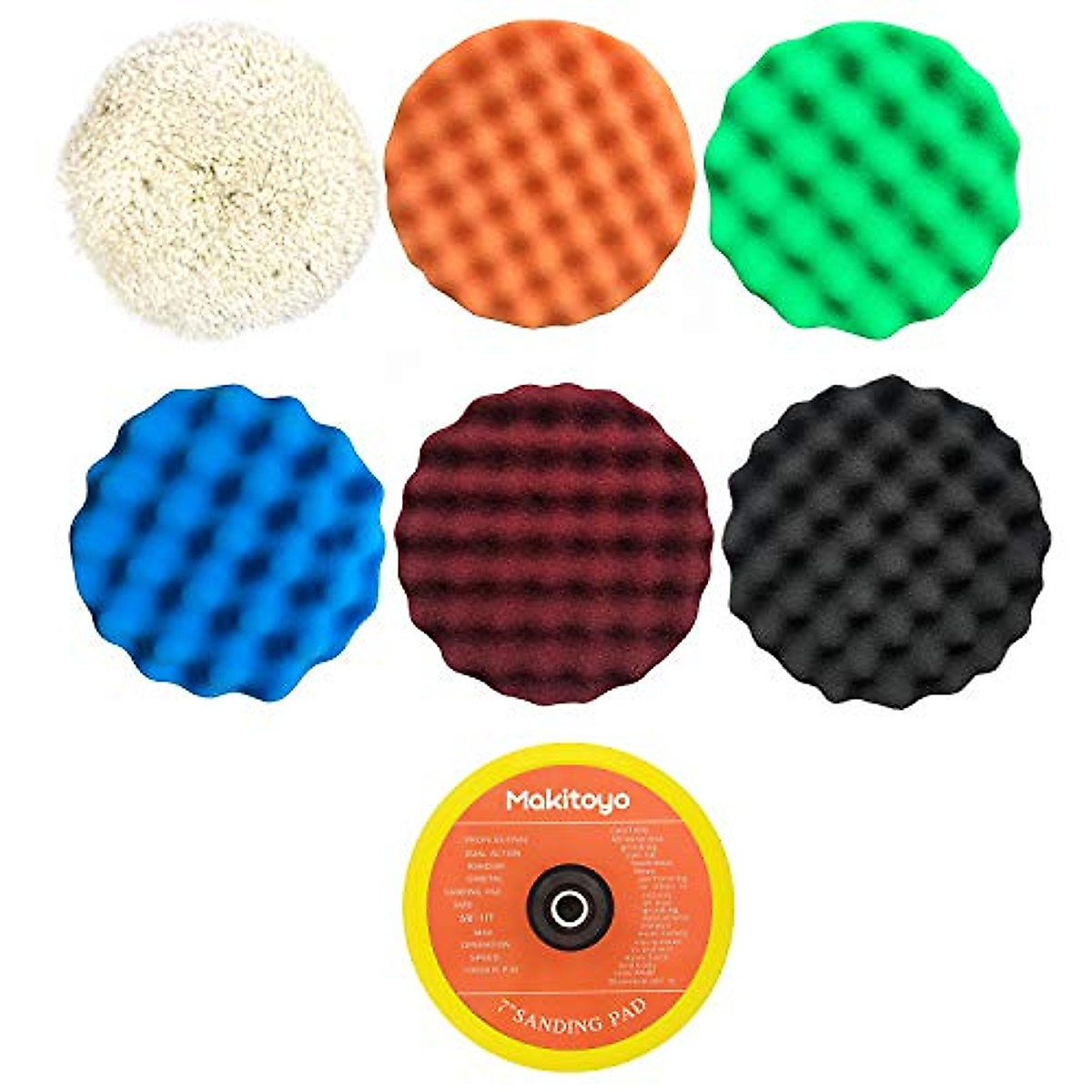 Makitoyo 7PCS 7 Inch Buffing Polishing Pads Kit,5pcs Polishing Sponge,1 pc Wool Pad,Waxing Buffing Pad Kit for Car