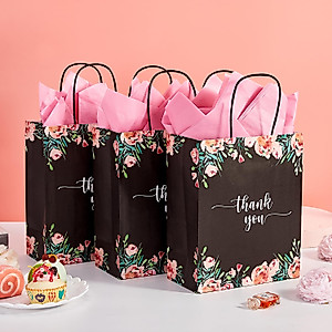 DjinnGlory 50 Pack Medium-Sized Floral Thank You Paper Gift Bags with Handles and Pink Tissue Paper for Boutiques, Weddings, Bridal Showers, Birthday Parties, 10x8x4 Inch (Black & Floral)
