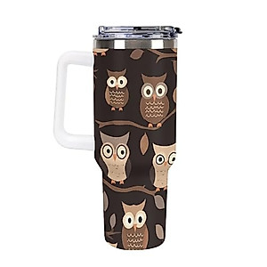 LLUTSNTH 40 Oz Vacuum Tumbler with White Handle Leakproof Insulated Tumbler Cute Brown Cartoon Owls Stainless Steel Travel Mug with Lid And Straw Coffee Cup Cute Water Bottles Cup Holder Friendly