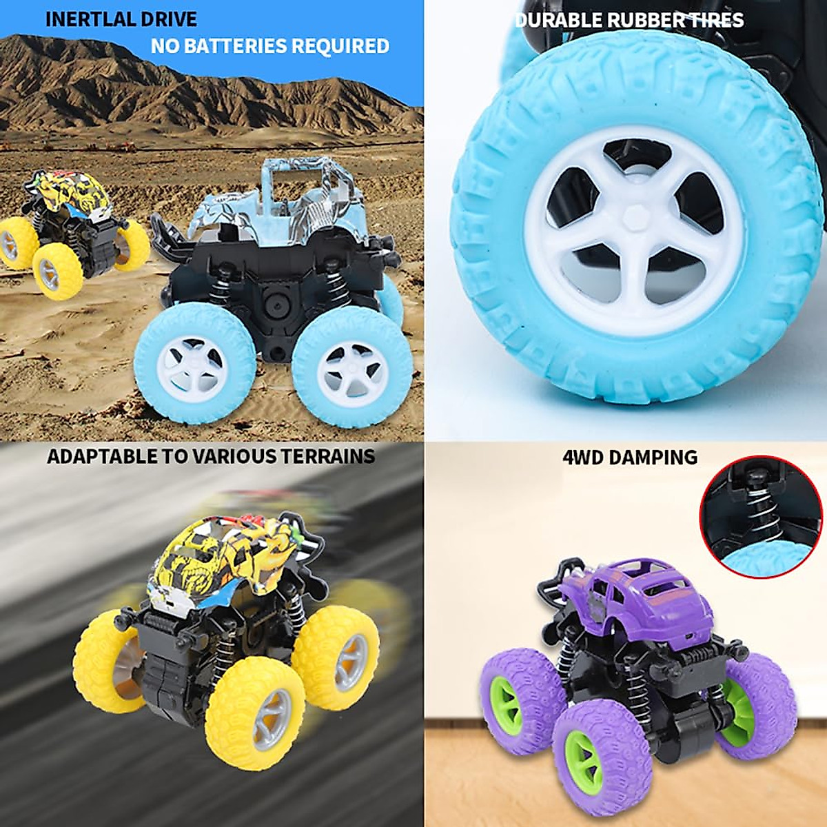 4-Pack Friction-Powered Monster Trucks with 360-Degree Rotation, Durable Toys for Boys and Girls Ages 3-12