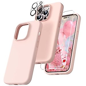 TOCOL [5 in 1 Designed for iPhone 14 Pro Case, with 2 Pack Screen Protector + 2 Pack Camera Lens Protector, Liquid Silicone Phone Case 6.1 Inch, [Anti-Scratch] [Drop Protection], Chalk Pink