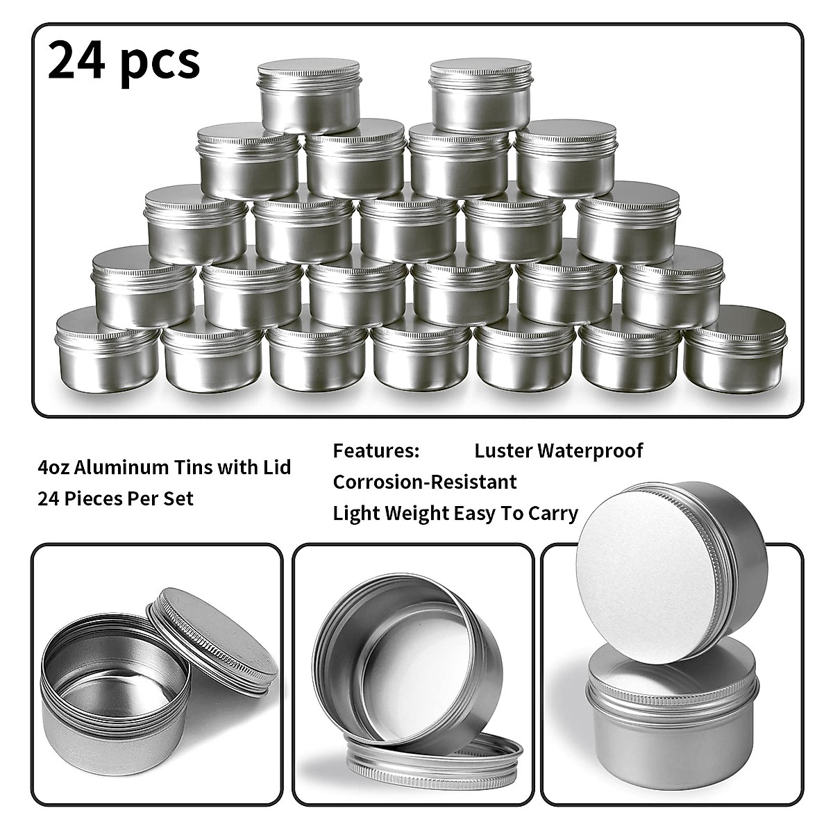 24 Pack 4 oz Aluminum Balm Tins For Pill Storage, Jar Containers with Screw Thread Lid for Lip Balm, Cosmetic, Salve, Aluminum Tin Cans Containers for Candle Making