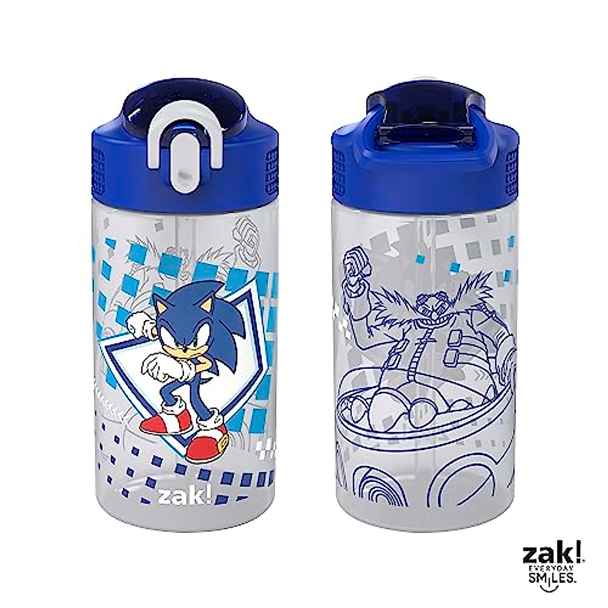 Zak Designs Sonic the Hedgehog Kids Water Bottle For School or Travel, 16oz 2-Pack Durable Plastic Water Bottle With Straw, Handle, and Leak-Proof, Pop-Up Spout Cover (Sonic, Tails)