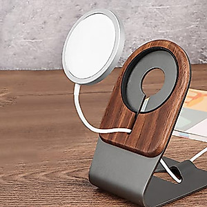 Walnut Gray Magnetic Mag Safe Phone Stand 12 pro Wooden Bracket Cradle Aluminum Alloy Mobile Cellphone Holder Metal Wireless Charger Office Kickstand Dock for iPhone 12, 12 Pro max, 12 Mini