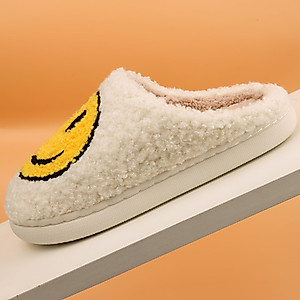 ZICKYO Kids Slippers Boys Girls Cute Happy Face House Slippers Warm Soft Plush Non-Slip Indoor Outdoor Slip-on Shoes White Yellow 3-4 Big Kid