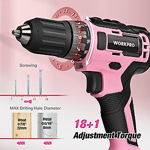 WORKPRO 20V Pink Cordless Drill Driver and Home Tool Set, 141PCS Hand Tool Kit for DIY, Home Maintenance, 2.0 Ah Li-ion Battery, 1 Hour Fast Charger, and Tool Box Included - Pink Ribbon