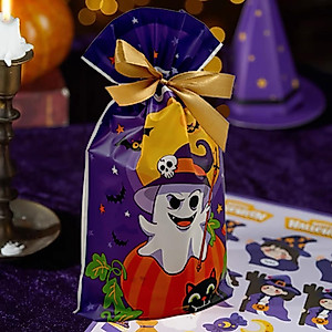 VIFOME 24 Pcs Halloween Bags Ghost Bags Halloween Trick Treat Bags Plastic Bags with Ribbons for Gift Wrapping Halloween Party Decoration