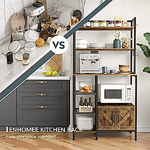 EnHomee 6-Tier Kitchen Bakers Rack with Hutch, Industrial Microwave Oven Stand with Shelves, Utility Storage Shelf with Cabinet & 8 Hooks, Hutch, Rustic Brown