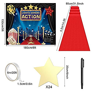 6 x 5 ft Movie Theme Photography Backdrop Red Carpet Party Decorations Runner Red Carpet Runner 2.6 x 15 ft with Carpet Tape and 24 Pieces 8 Inch Gold Star Paper Cutouts for Party Decoration Supplies