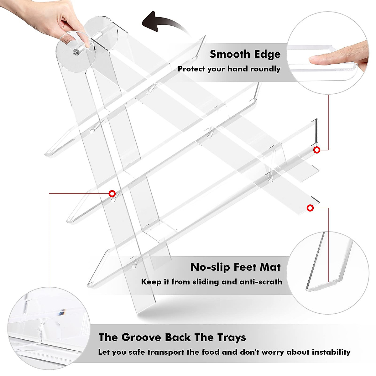 Koluti 3 Tier Serving Tray Stand, Solid Acrylic Rectangle Platter Display for Party, Foldable Three Tiered Plant Stand Board Ladder Shelf Decor, Detachable Trays Cupcake Fruit Food Plant Countertop